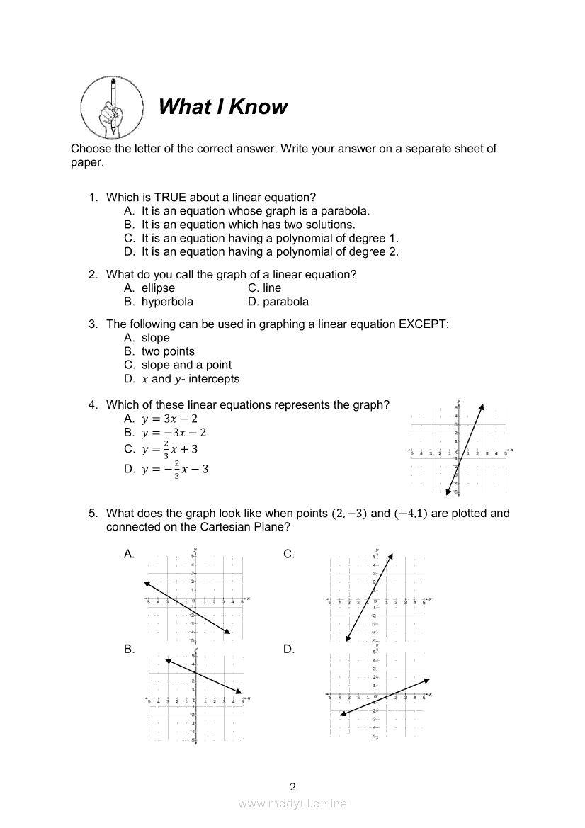 Math 8 Module 10 Graphing Linear Equations Grade 8 Modules