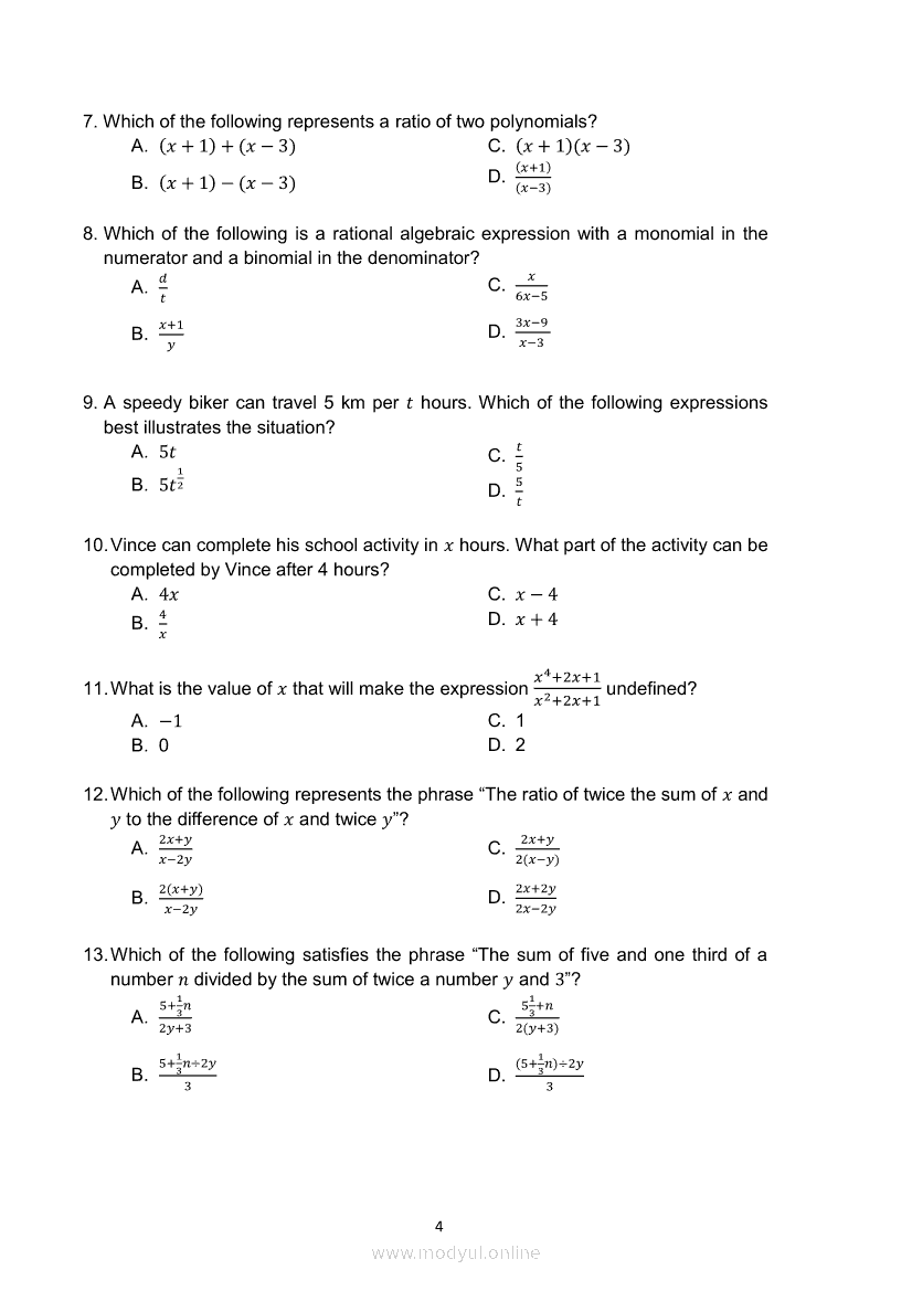 Math 8 Module 3 Illustrating Rational Algebraic Expressions Grade 8 