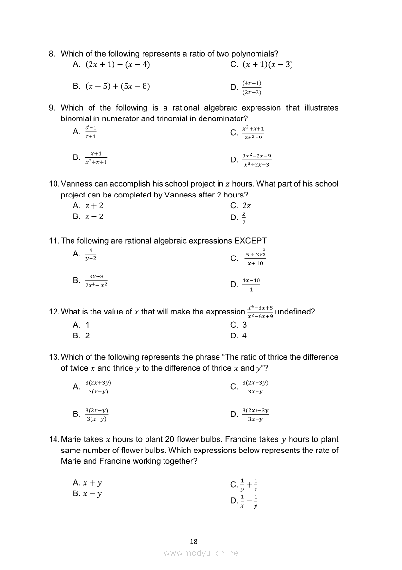 Math 8 Module 3 Illustrating Rational Algebraic Expressions Grade 8 