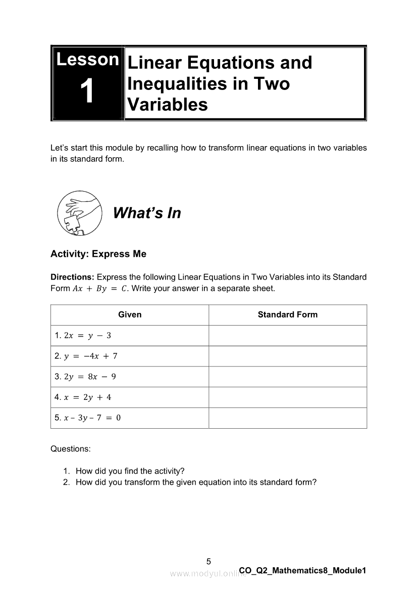 Math 8 Quarter 2 Module 1 Differentiating Linear Inequalities In Two Math 8 Quarter 2 Module 1 Differentiating Linear Inequalities In Two