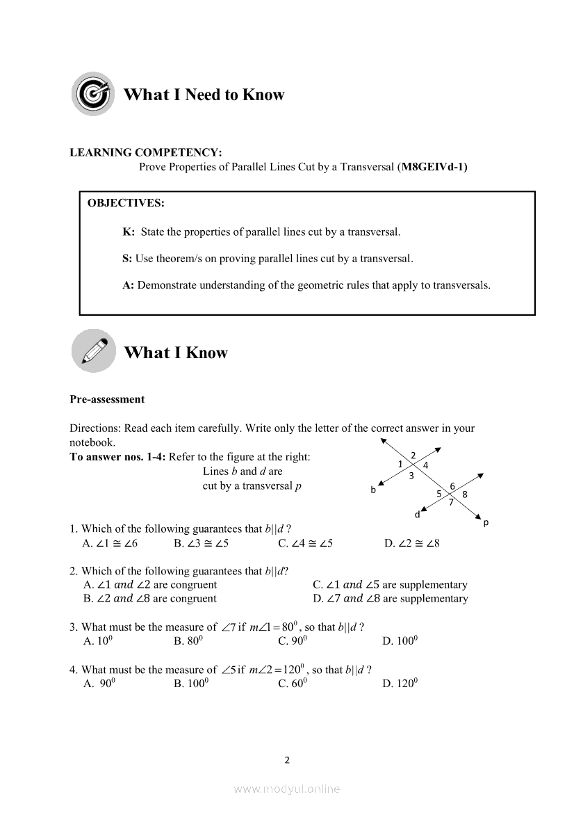 MATHEMATICS Quarter 4 Module 4 Properties Of Parallel Lines Cut By A 